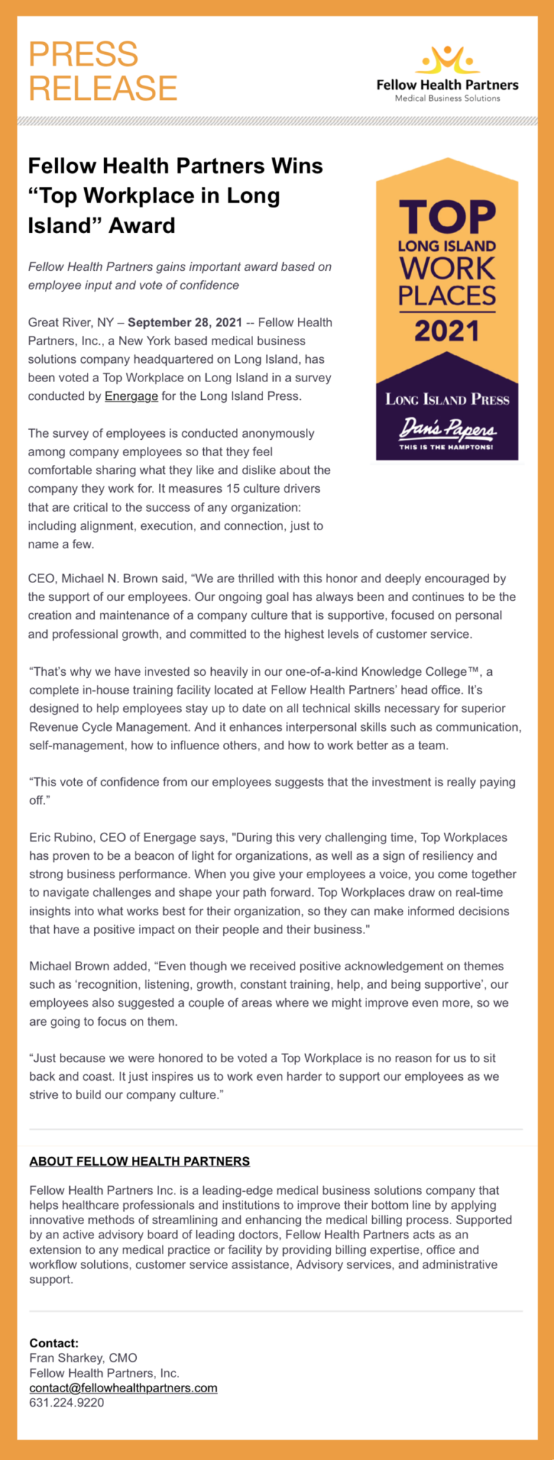 Fellow Health Partners Wins “Top Workplace in Long Island” Award